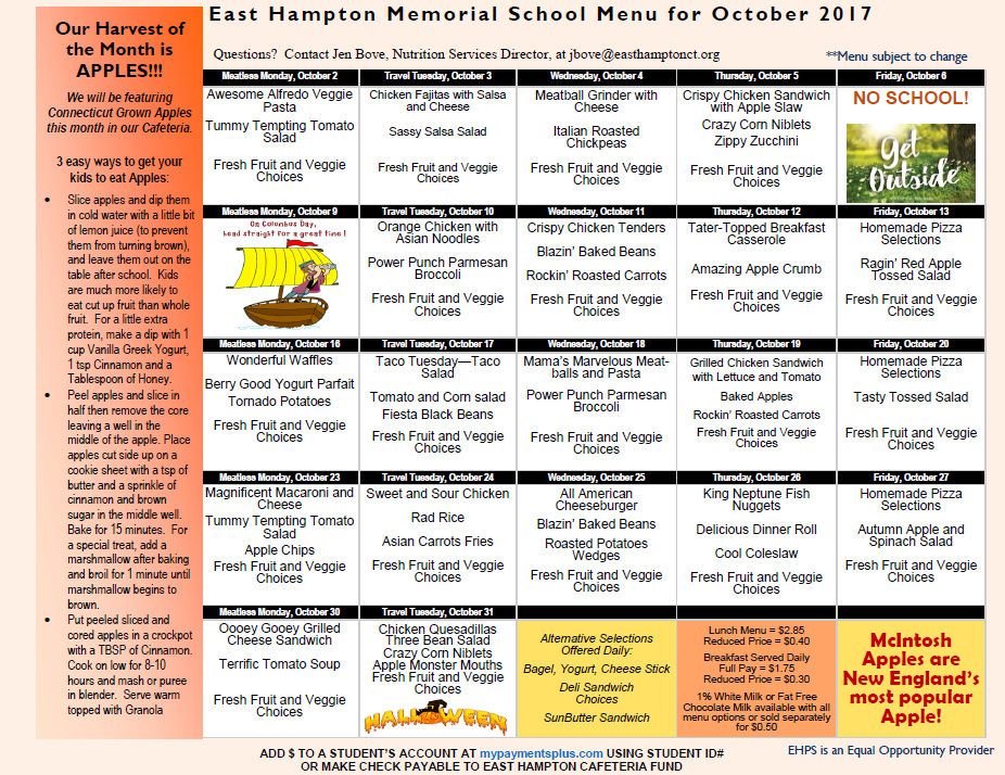 October Lunch Menu | Memorial School