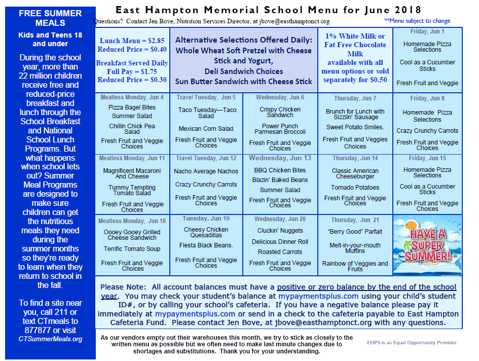 June Lunch Menu | Memorial School