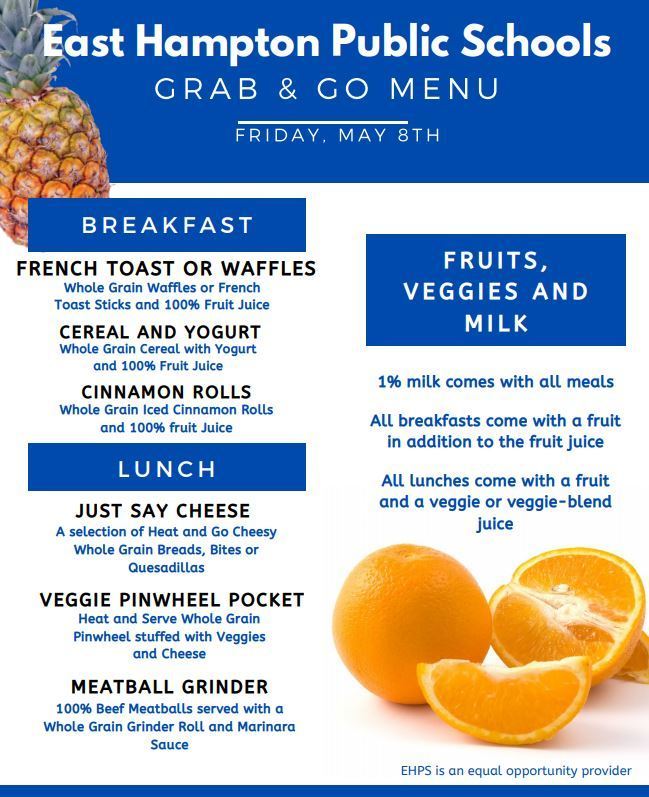 Grab & Go Menu for Friday 5/8 | East Hampton Public Schools