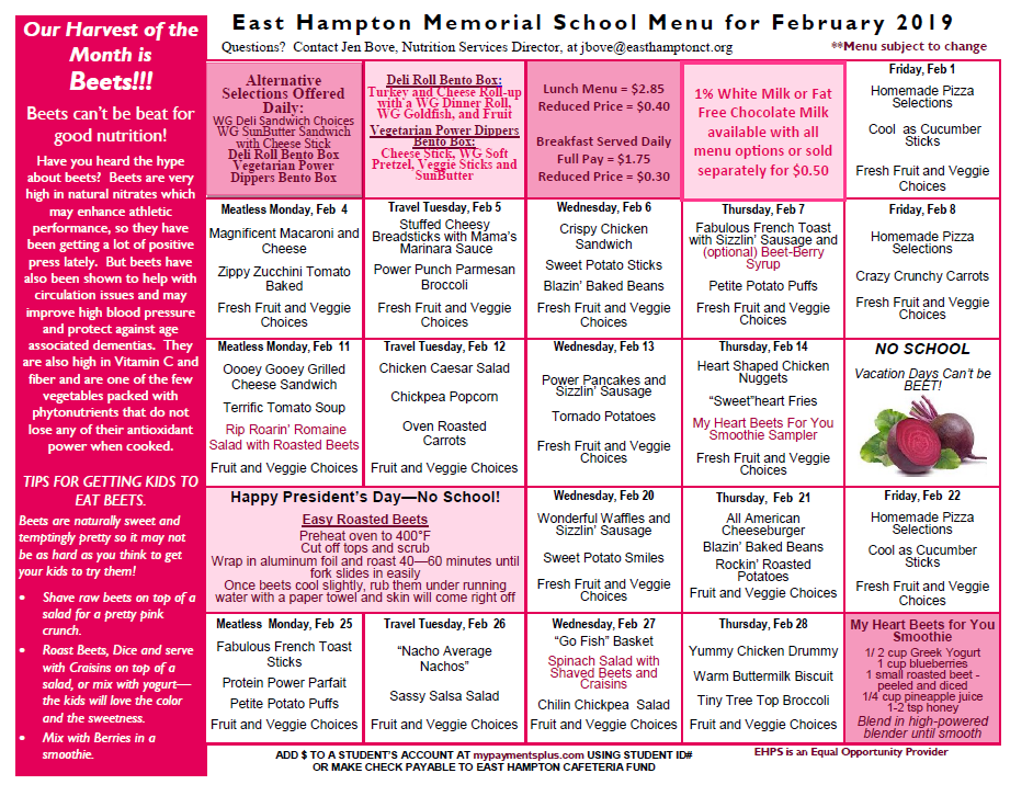 February Lunch Menu | Memorial School