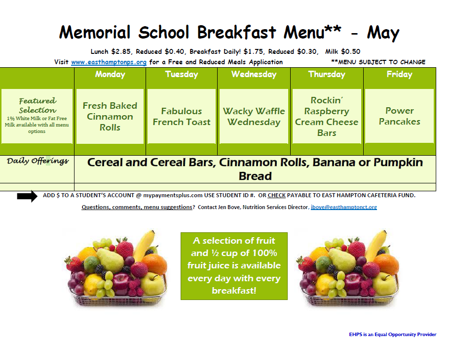 May Breakfast Menu | Memorial School