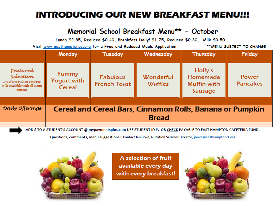 October Breakfast Menu | Memorial School