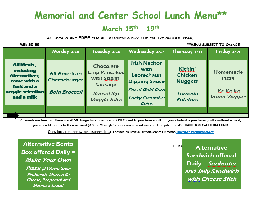 Lunch Menu March 15th-19th | Memorial School
